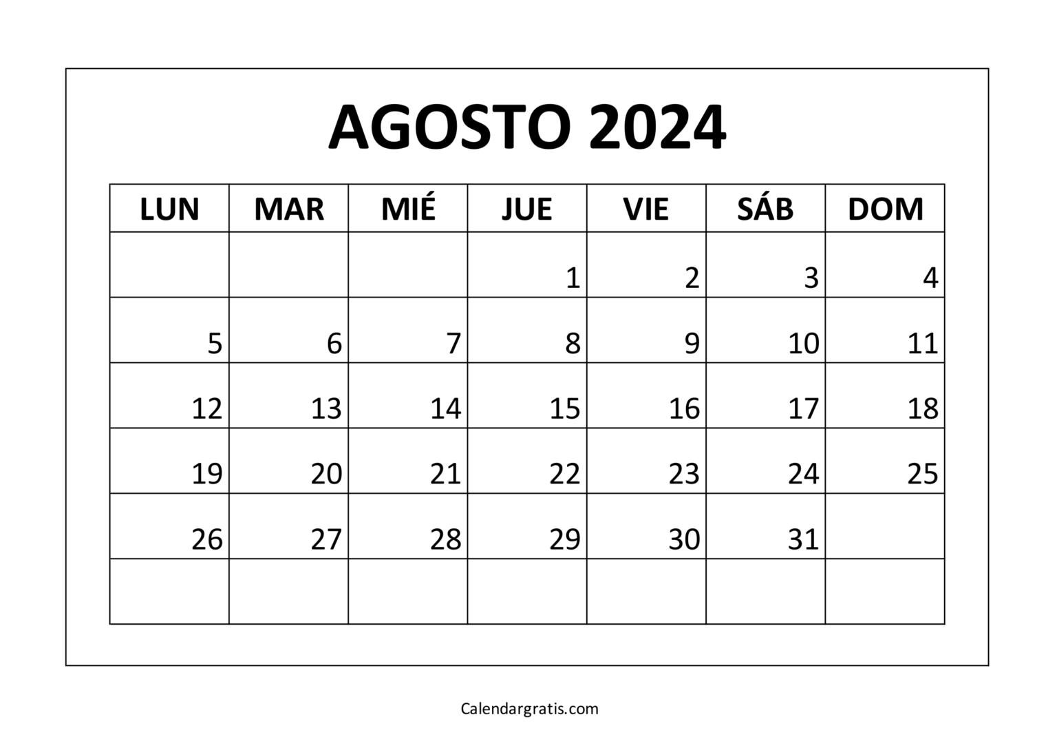 Calendario agosto 2024 para imprimir - Excel, PDF y PNG