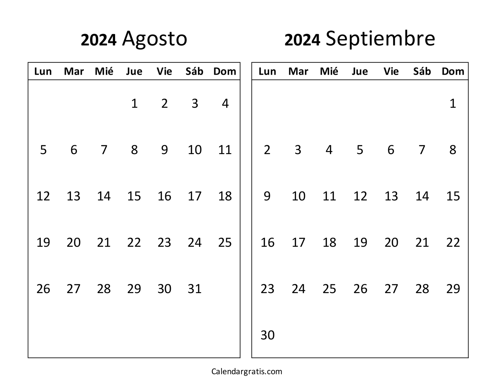 Calendario Agosto Septiembre 2024 Calendario Agosto 2024 | Vector