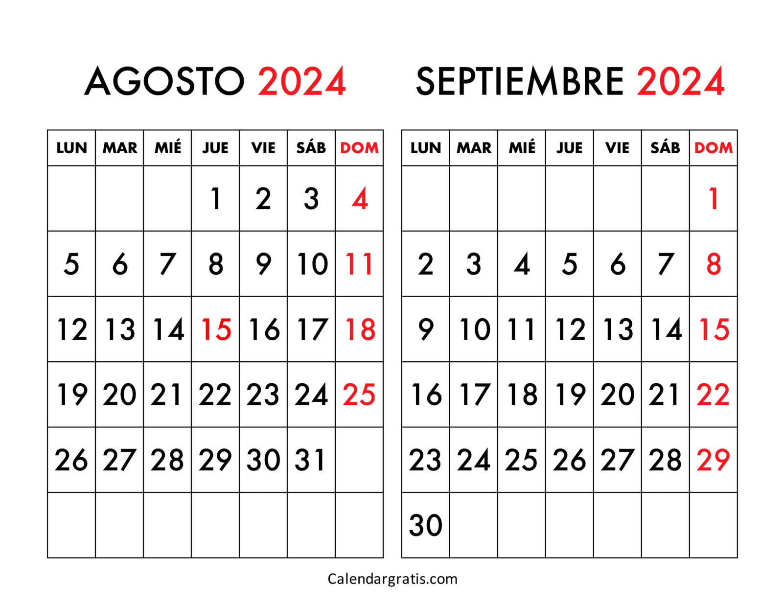 Calendario agosto y septiembre 2024 para imprimir gratis