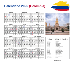 Calendario Colombia 2025 para imprimir - Lista de festivos