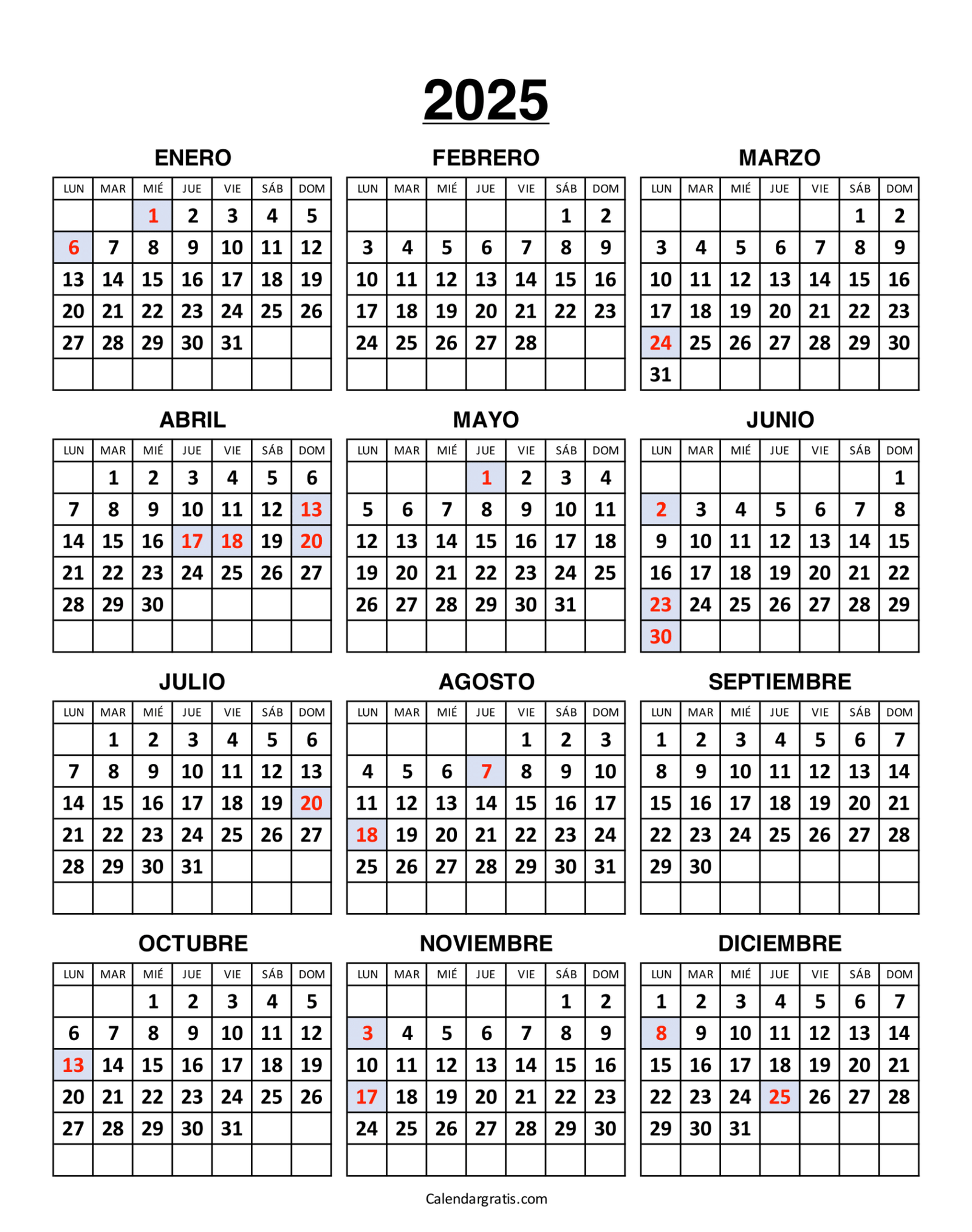 Calendario Colombia 2025 para imprimir - Lista de festivos