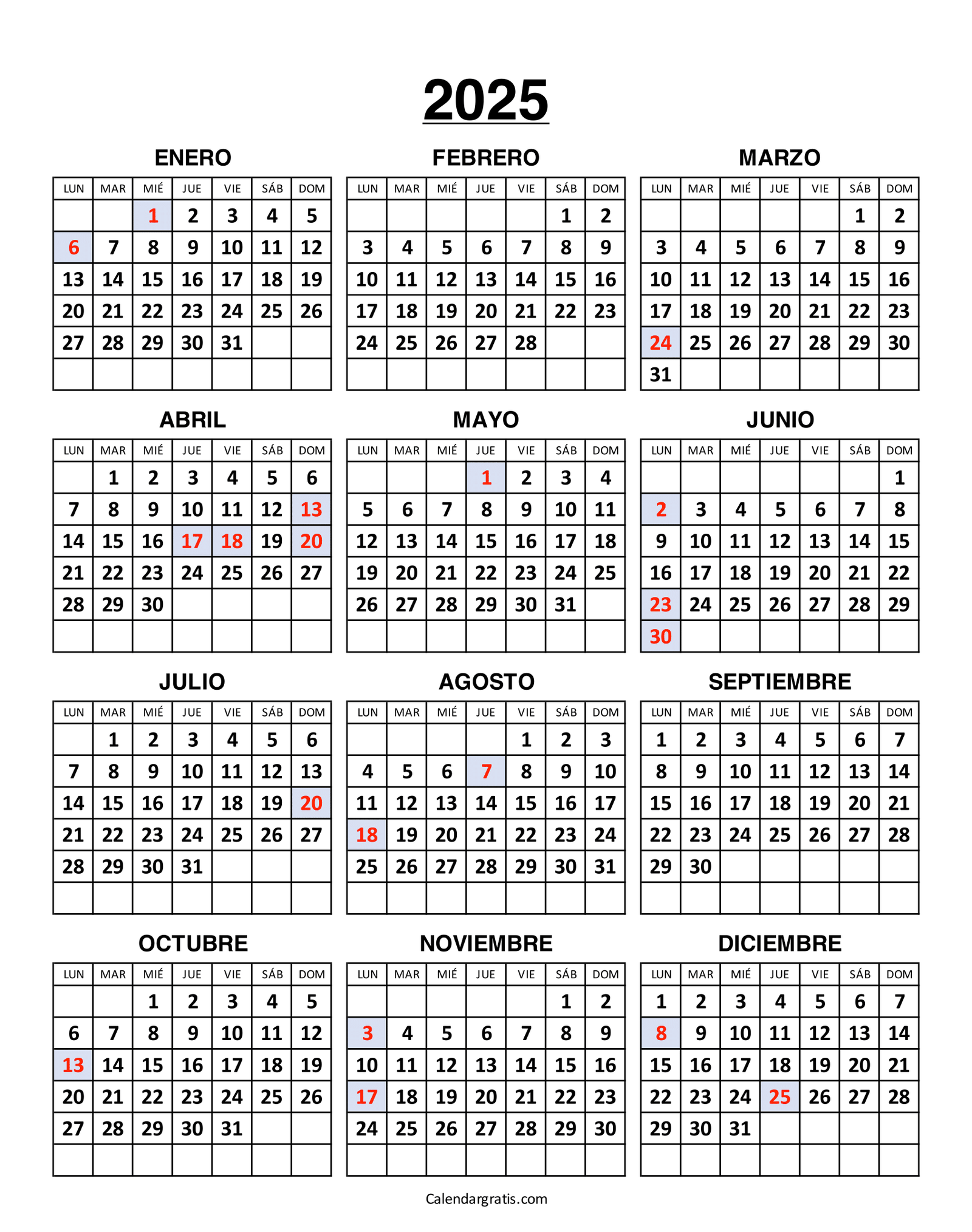 Calendario Colombia 2025 para imprimir - Lista de festivos