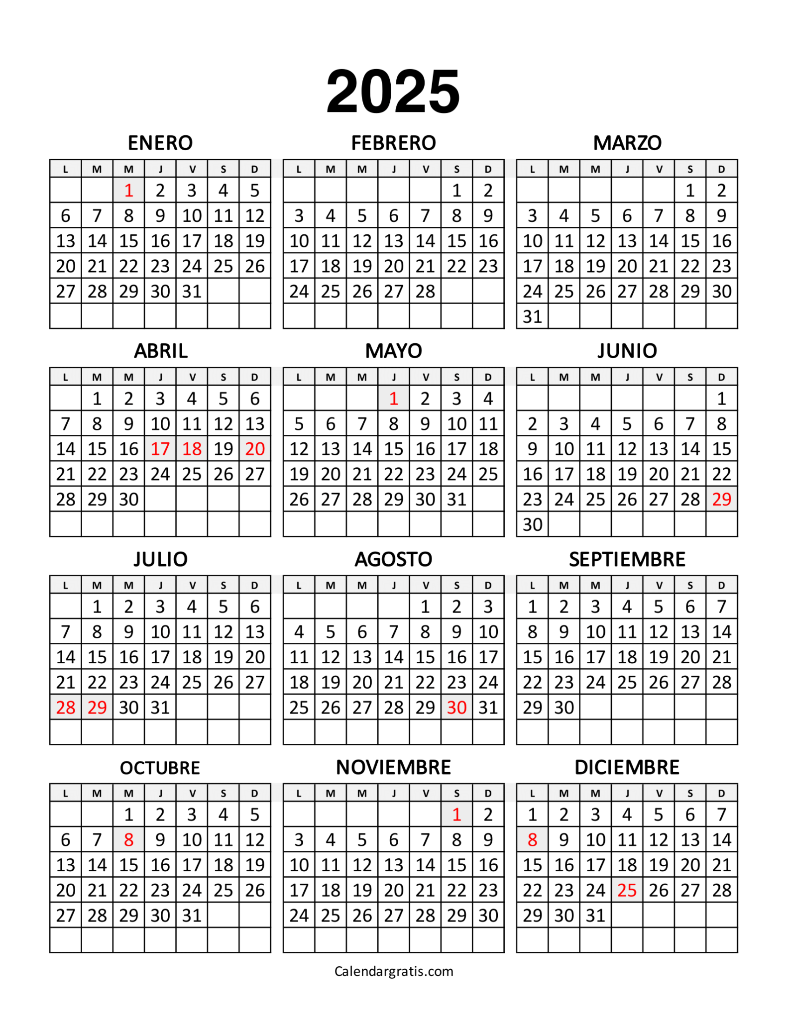 Calendario Perú 2025 con feriados para imprimir (Excel, PDF y PNG)