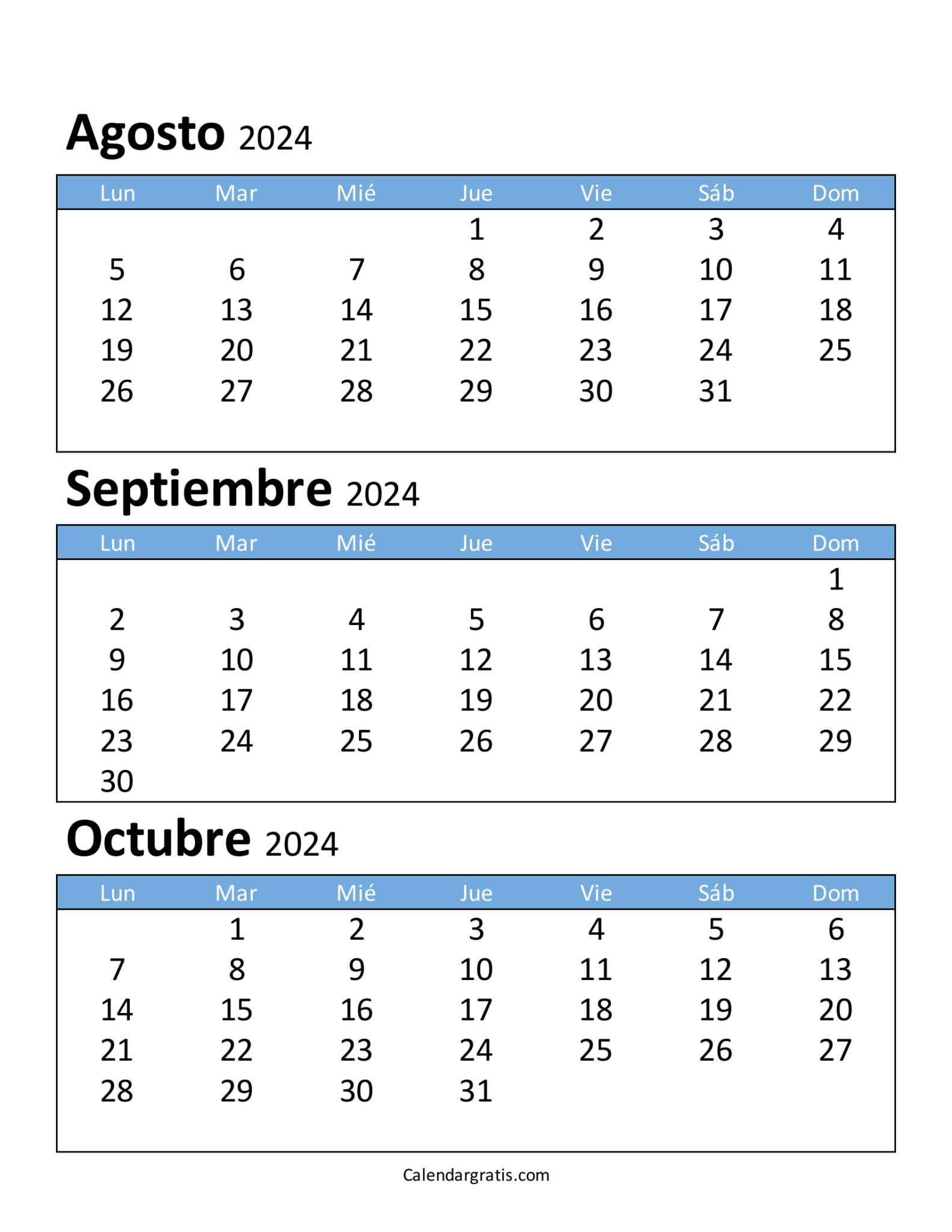 Calendario agosto septiembre y octubre 2024 - Excel, PDF y PNG