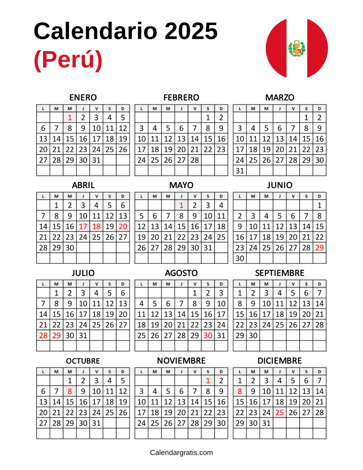 Calendario Perú 2025 con feriados para imprimir (Excel, PDF y PNG)