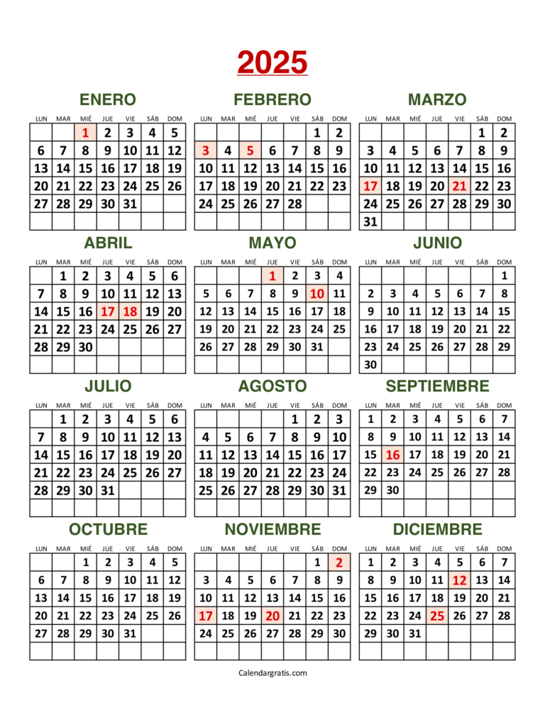 Calendario México 2025 Con Festivos Para Imprimir Gratis