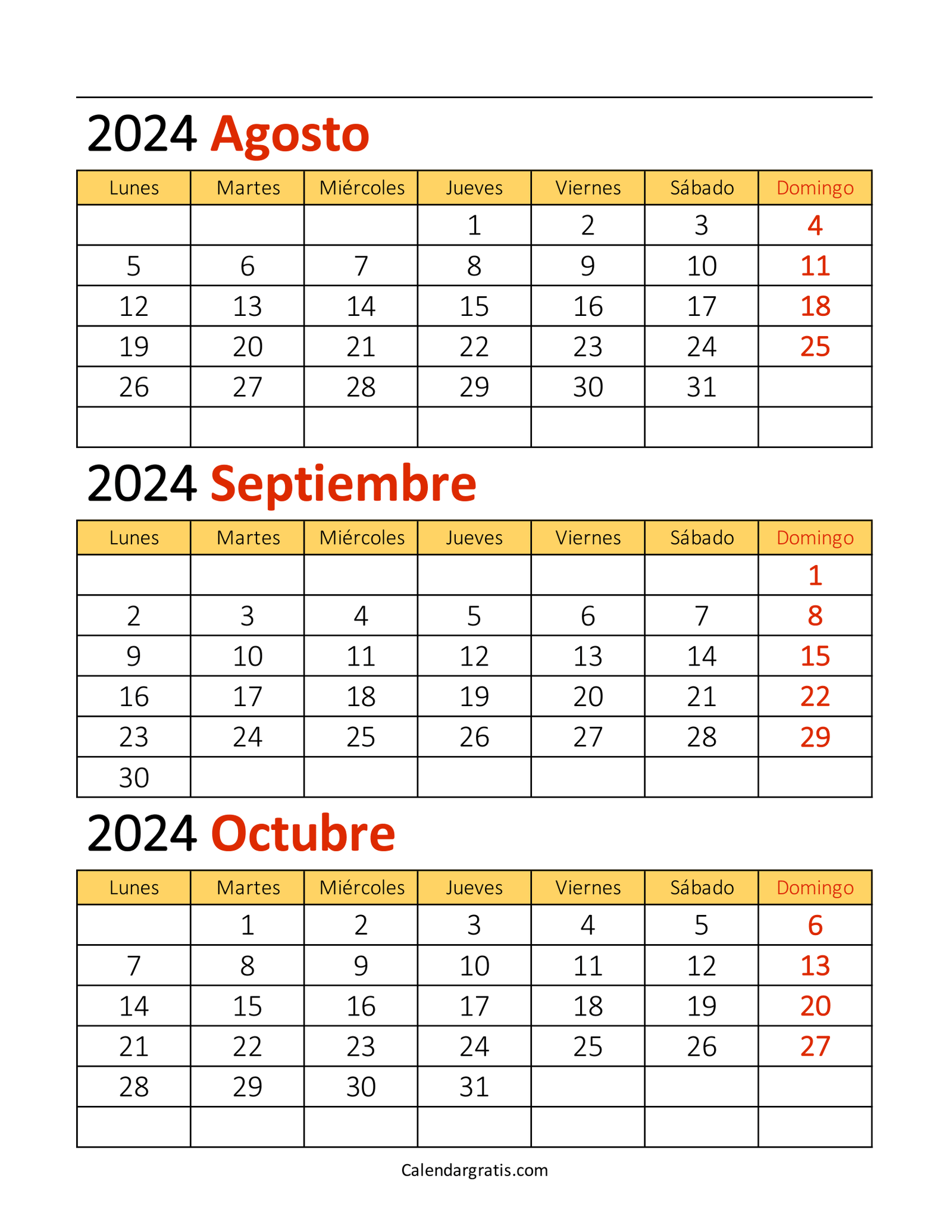 Calendario de agosto septiembre y octubre 2024 para imprimir gratis