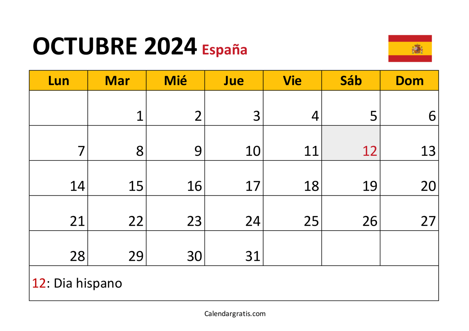 Calendario octubre 2024 para imprimir gratis - Excel, PDF y PNG