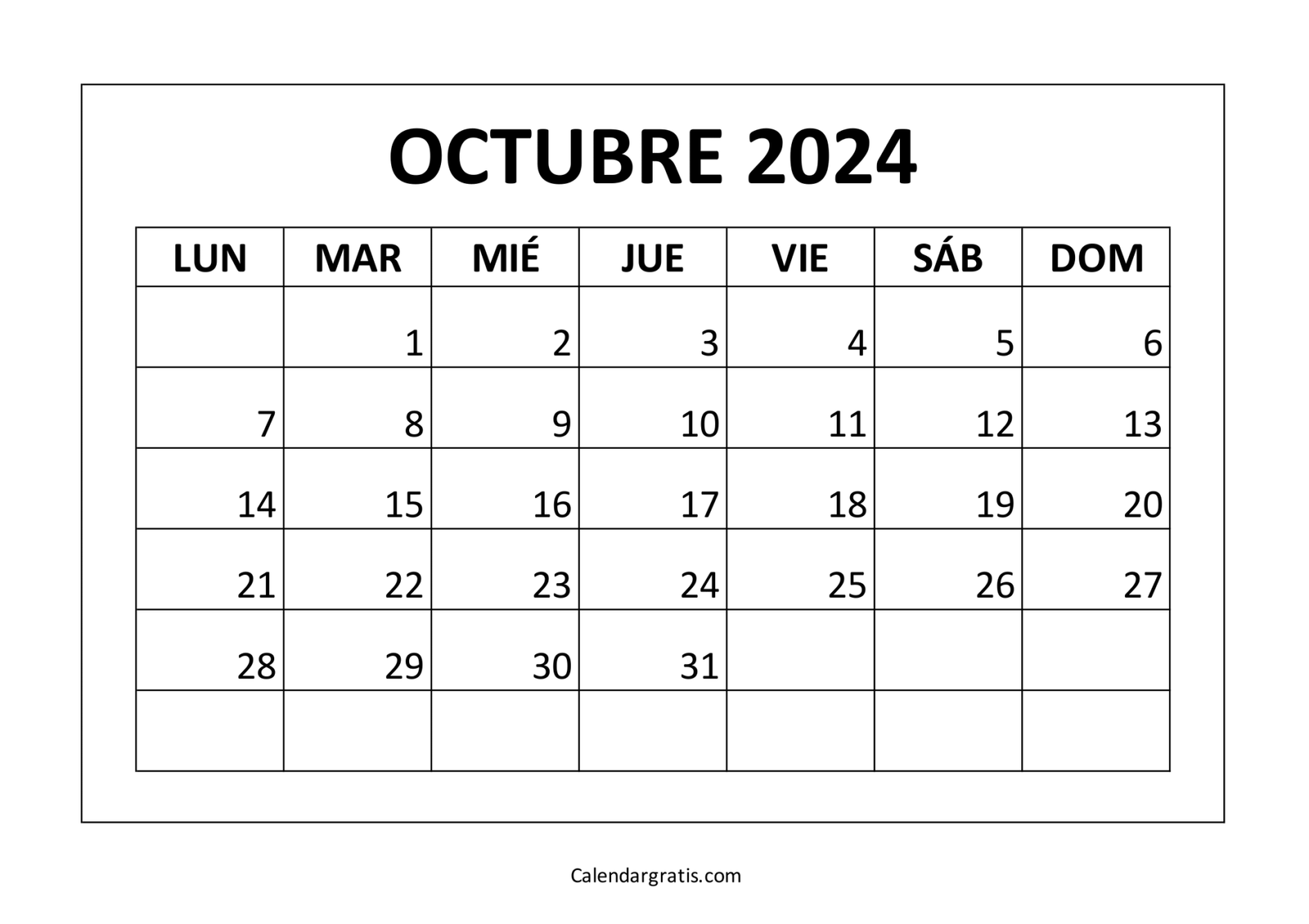 Calendario octubre 2024 para imprimir - Excel, PDF y PNG