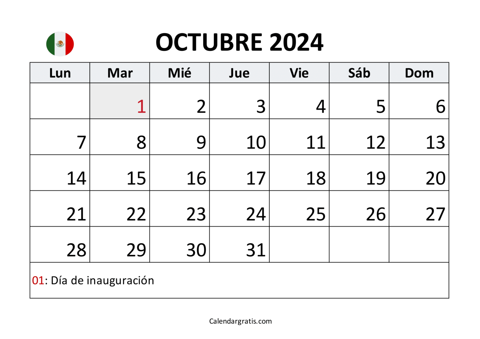Calendario octubre 2024 para imprimir - Excel, PDF y PNG