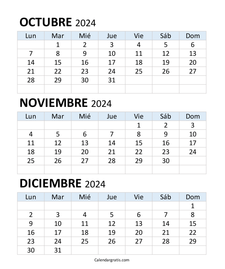 Calendario de octubre noviembre diciembre 2024 para imprimir gratis