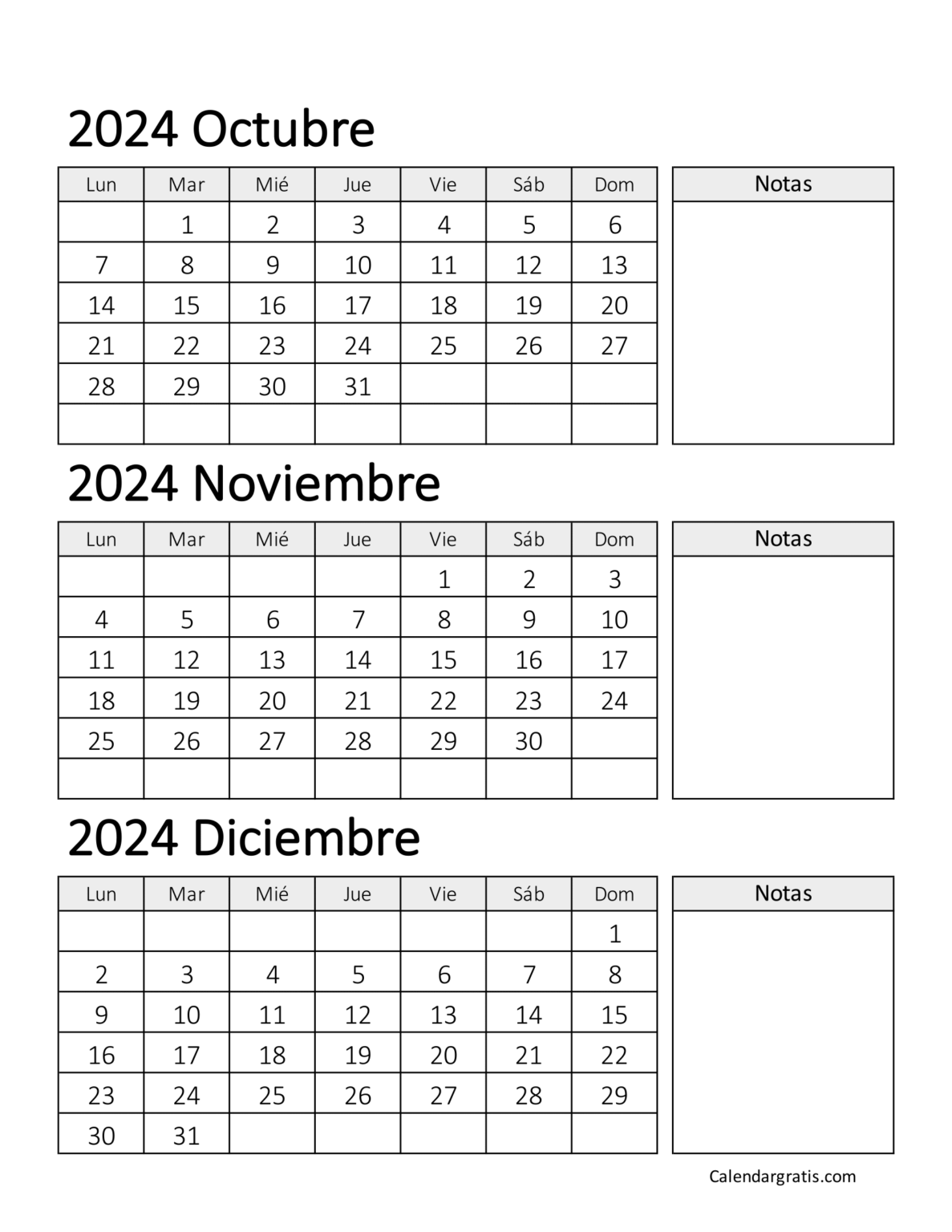 Calendario de octubre noviembre diciembre 2024 para imprimir gratis