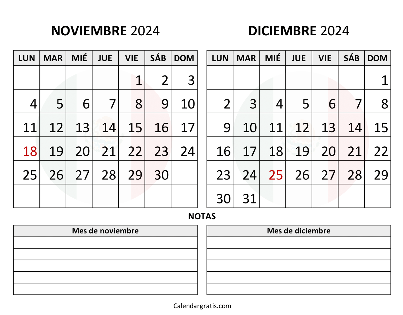 Calendario noviembre diciembre 2024 - Excel, PDF y PNG