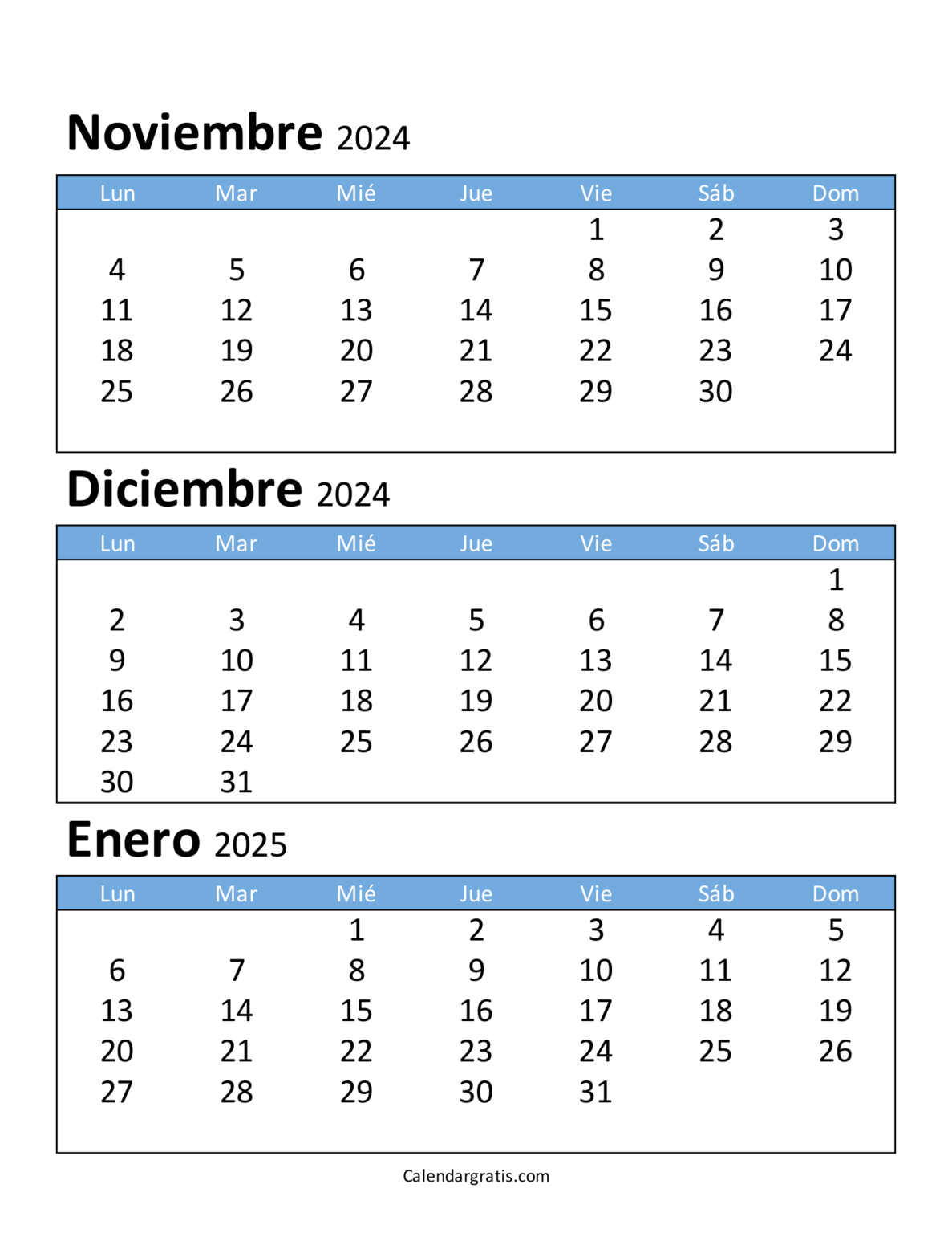 Calendario noviembre diciembre y enero 2025 - Excel, PDF y PNG