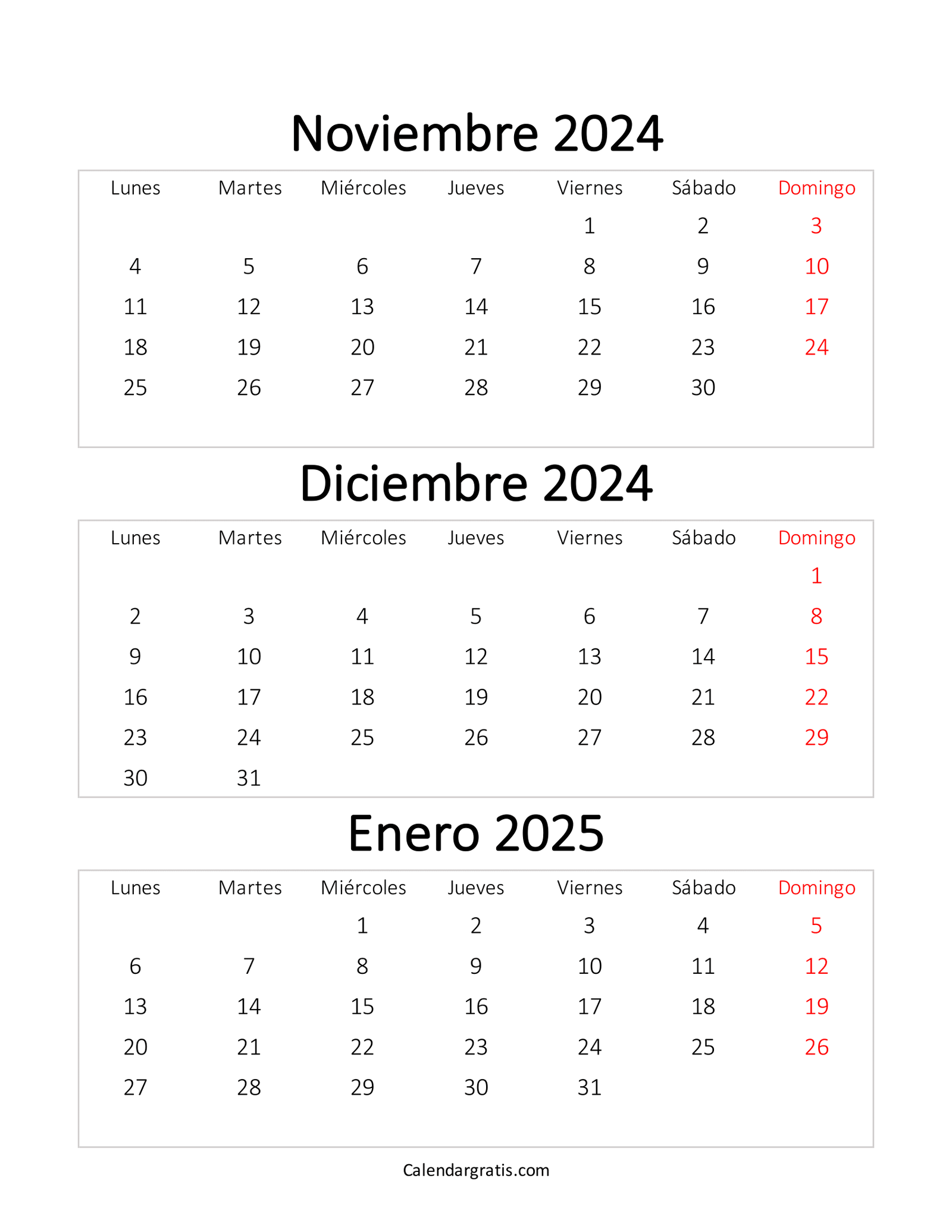 Calendario noviembre diciembre y enero 2025 - Excel, PDF y PNG