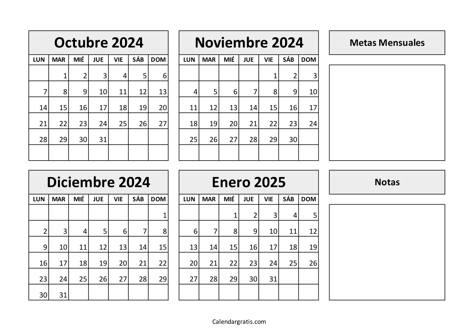 Calendario octubre noviembre diciembre enero 2025 - Excel, PDF y PNG
