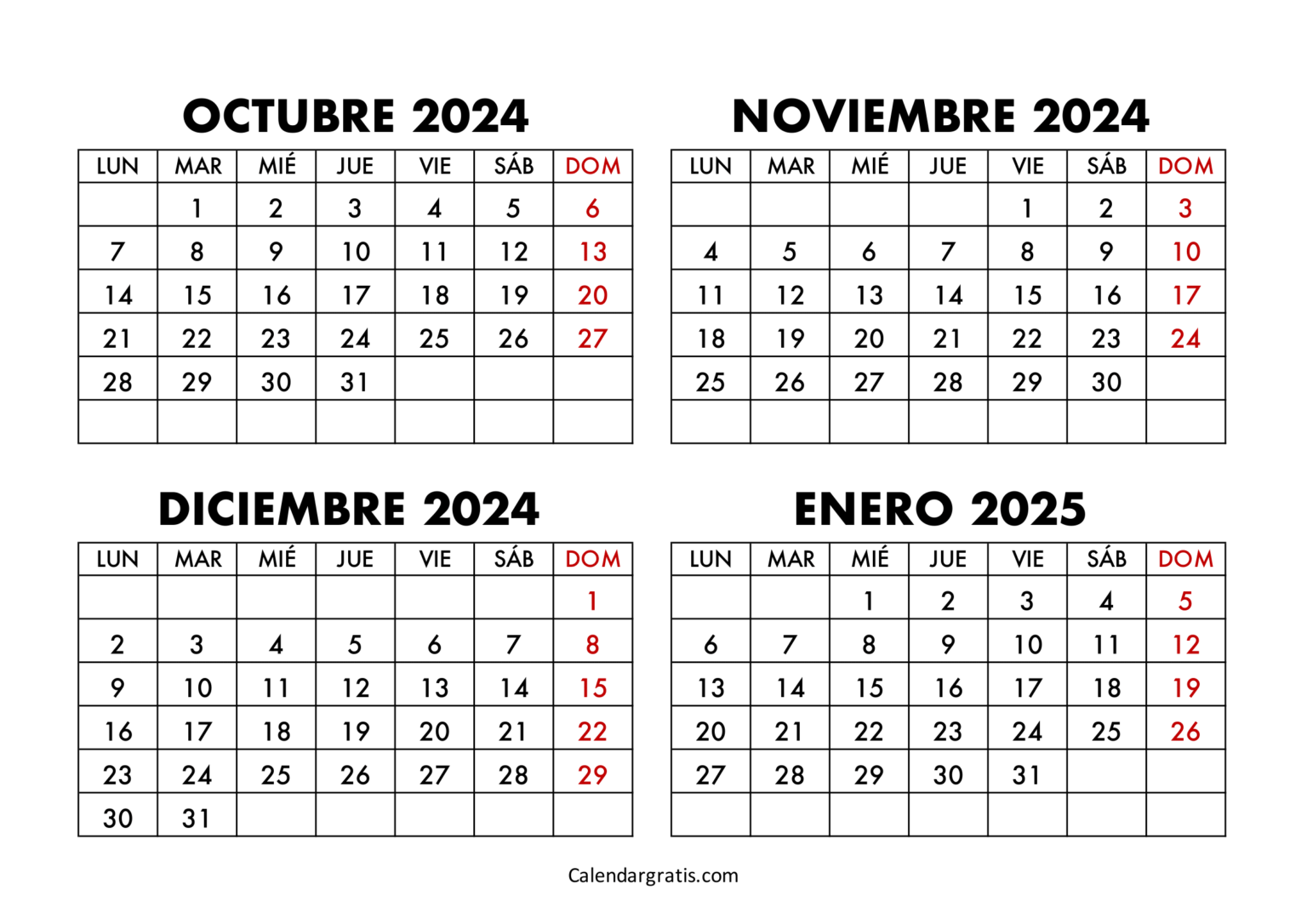 Calendario octubre noviembre diciembre enero 2025 - Excel, PDF y PNG