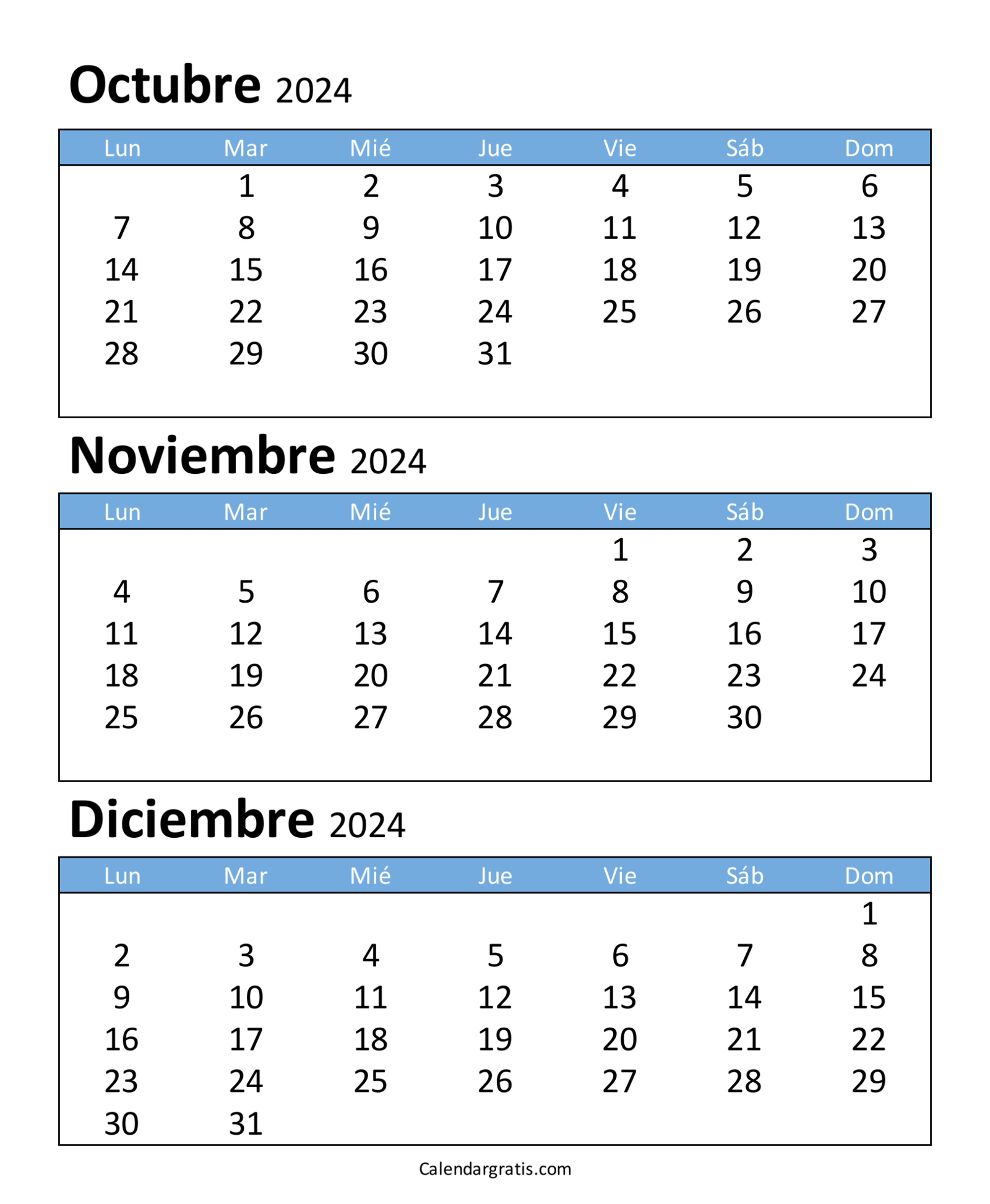 Calendario octubre noviembre y diciembre 2024 - Excel, PDF y PNG