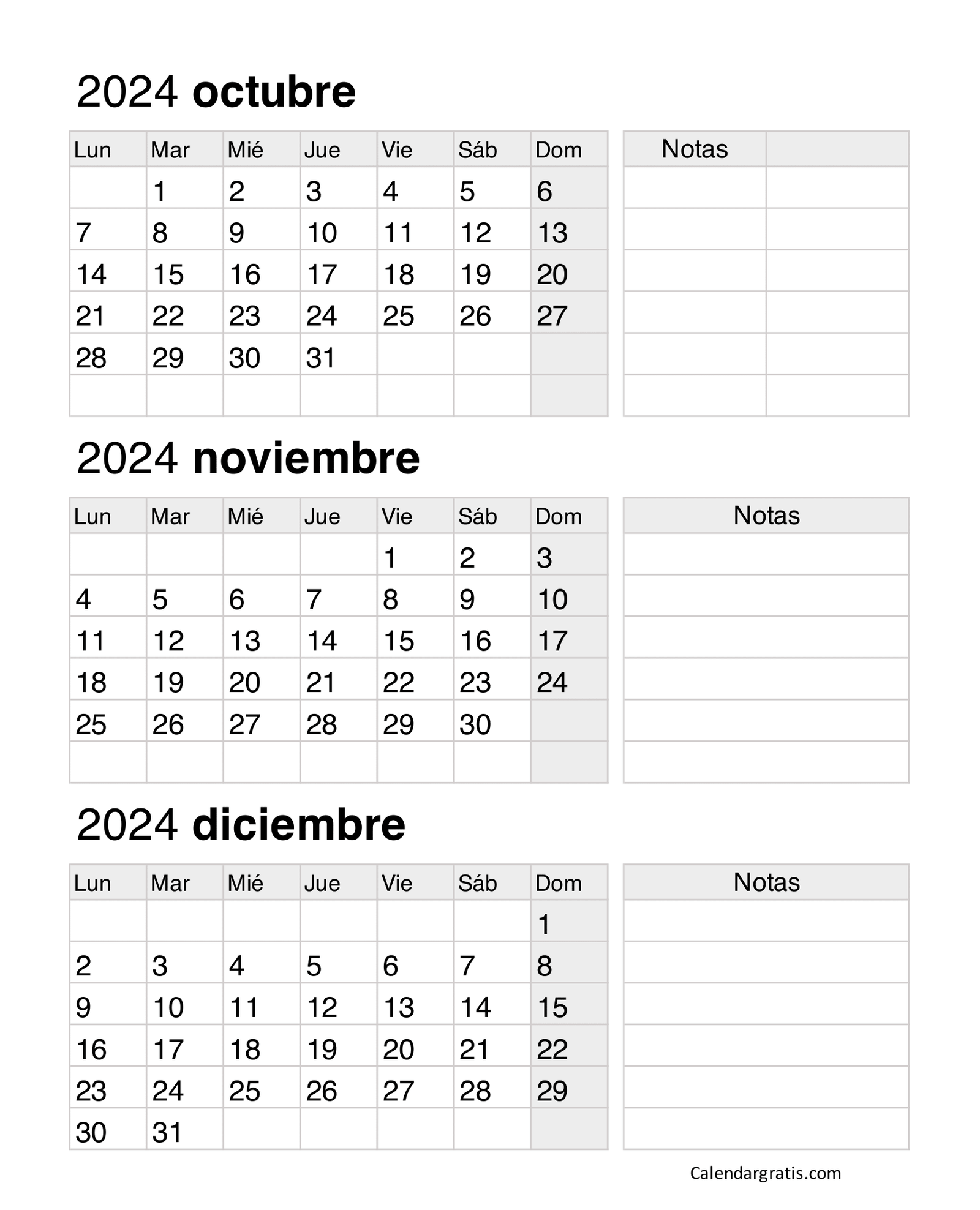 Calendario octubre noviembre y diciembre 2024 - Excel, PDF y PNG