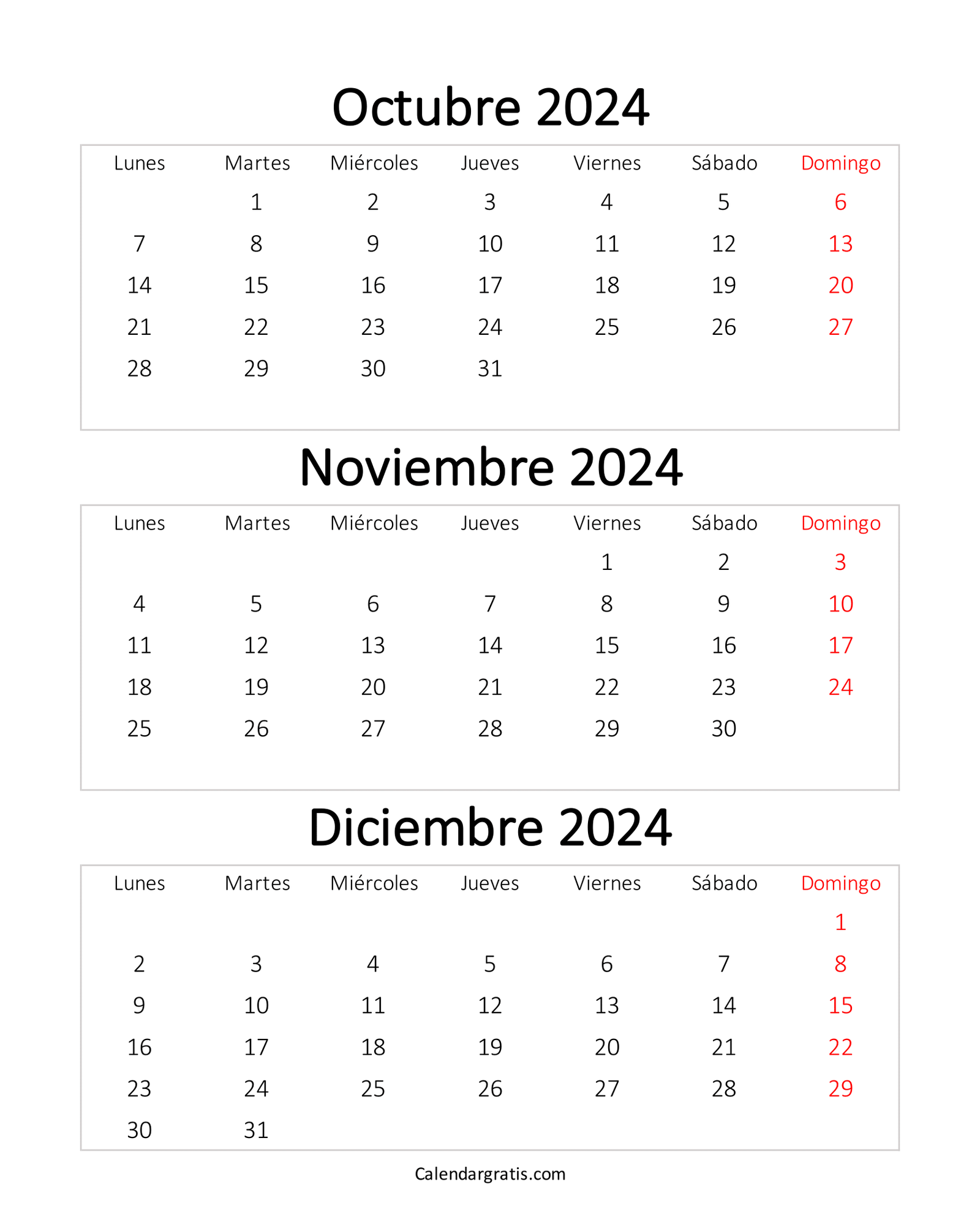 Calendario octubre noviembre y diciembre 2024 - Excel, PDF y PNG