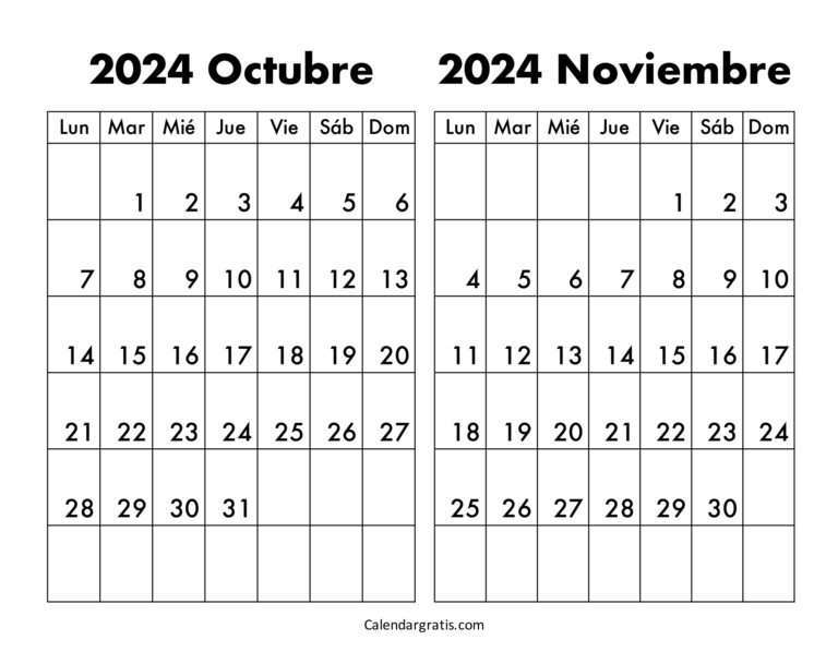 Calendario octubre y noviembre 2024 para imprimir gratis