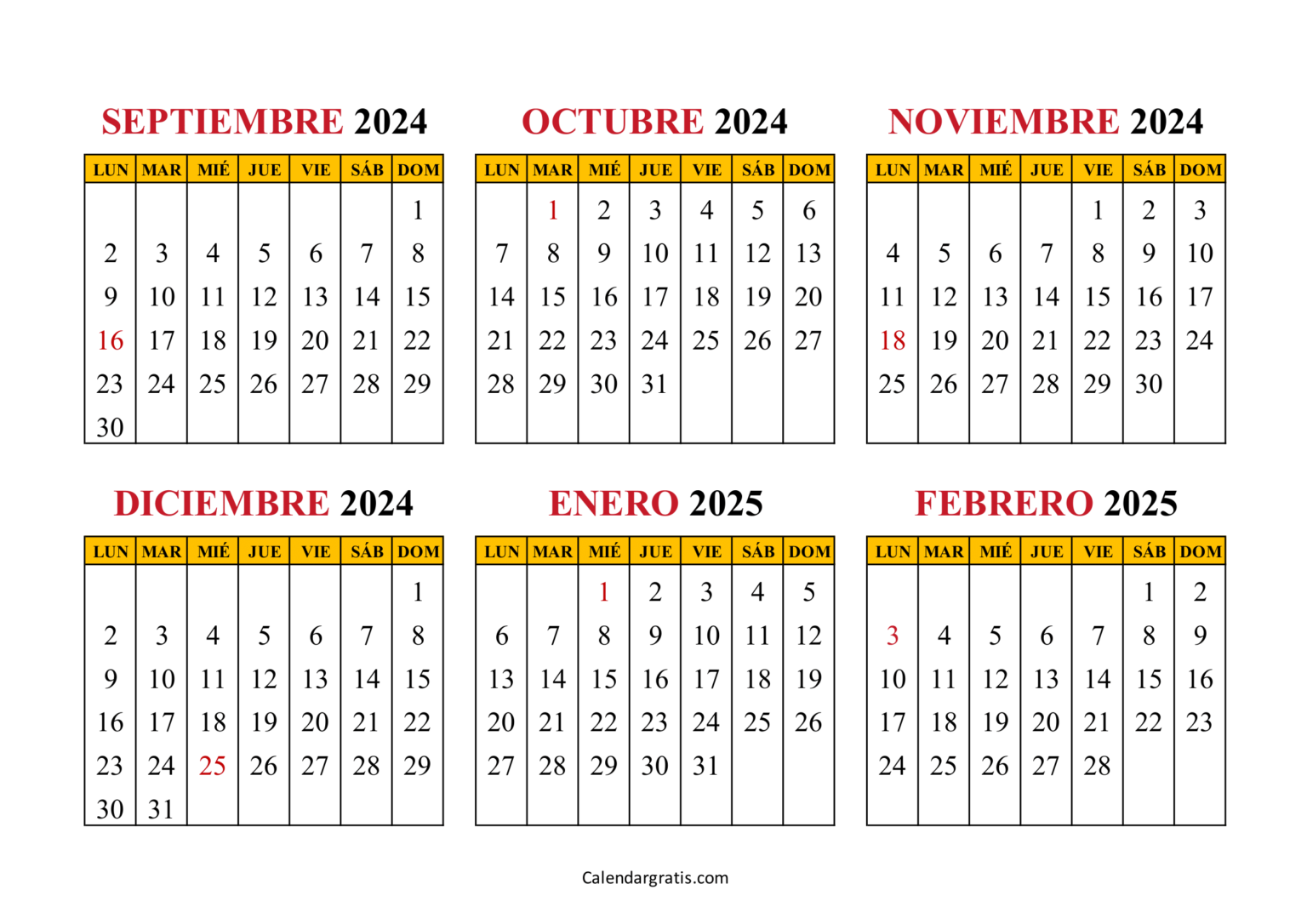 Calendario septiembre 2024 a febrero 2025 para imprimir gratis - Excel ...