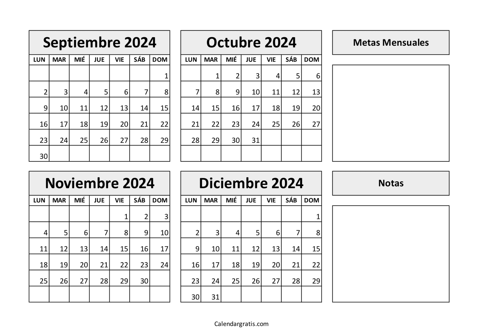 Calendario septiembre octubre noviembre diciembre 2024 - Excel, PDF y PNG