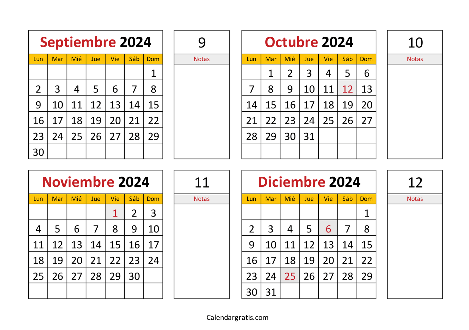 Calendario septiembre octubre noviembre diciembre 2024 - Excel, PDF y PNG