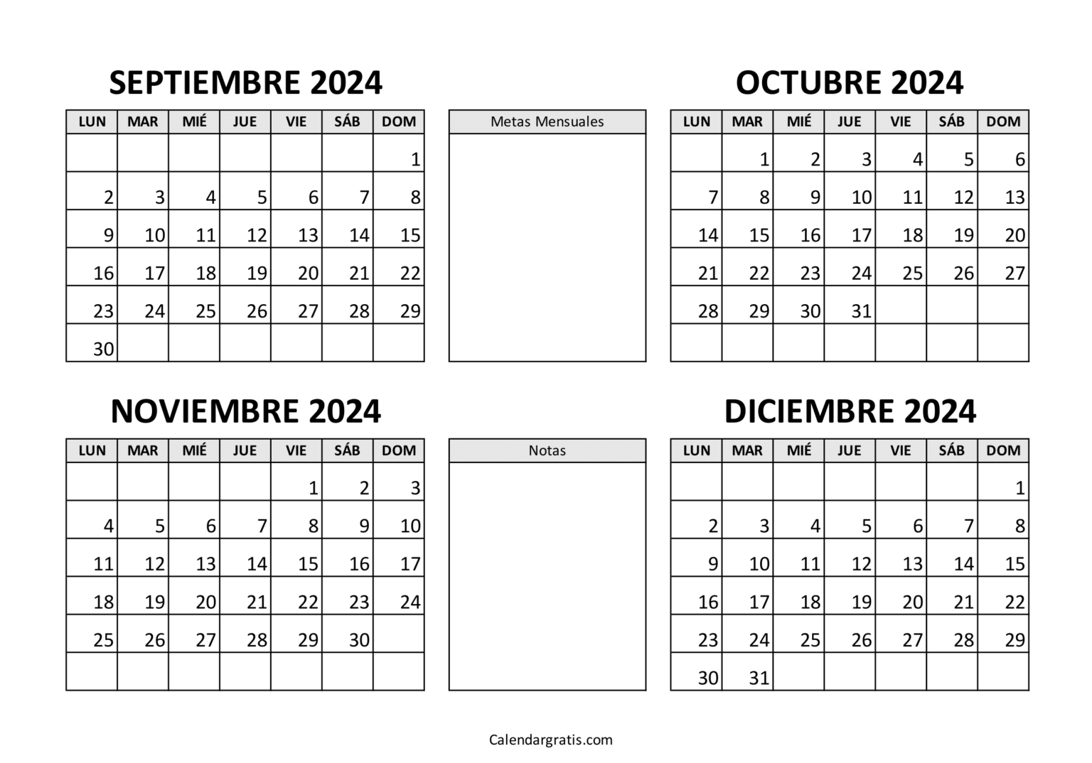 Calendario septiembre octubre noviembre diciembre 2024 - Excel, PDF y PNG