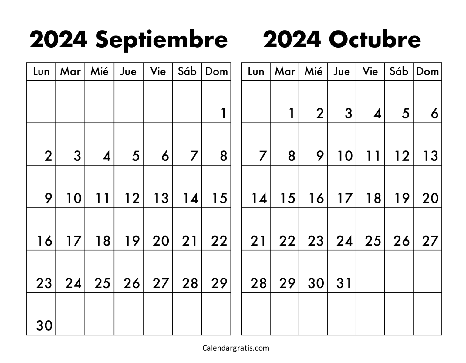 Calendario septiembre y octubre 2024 para imprimir gratis