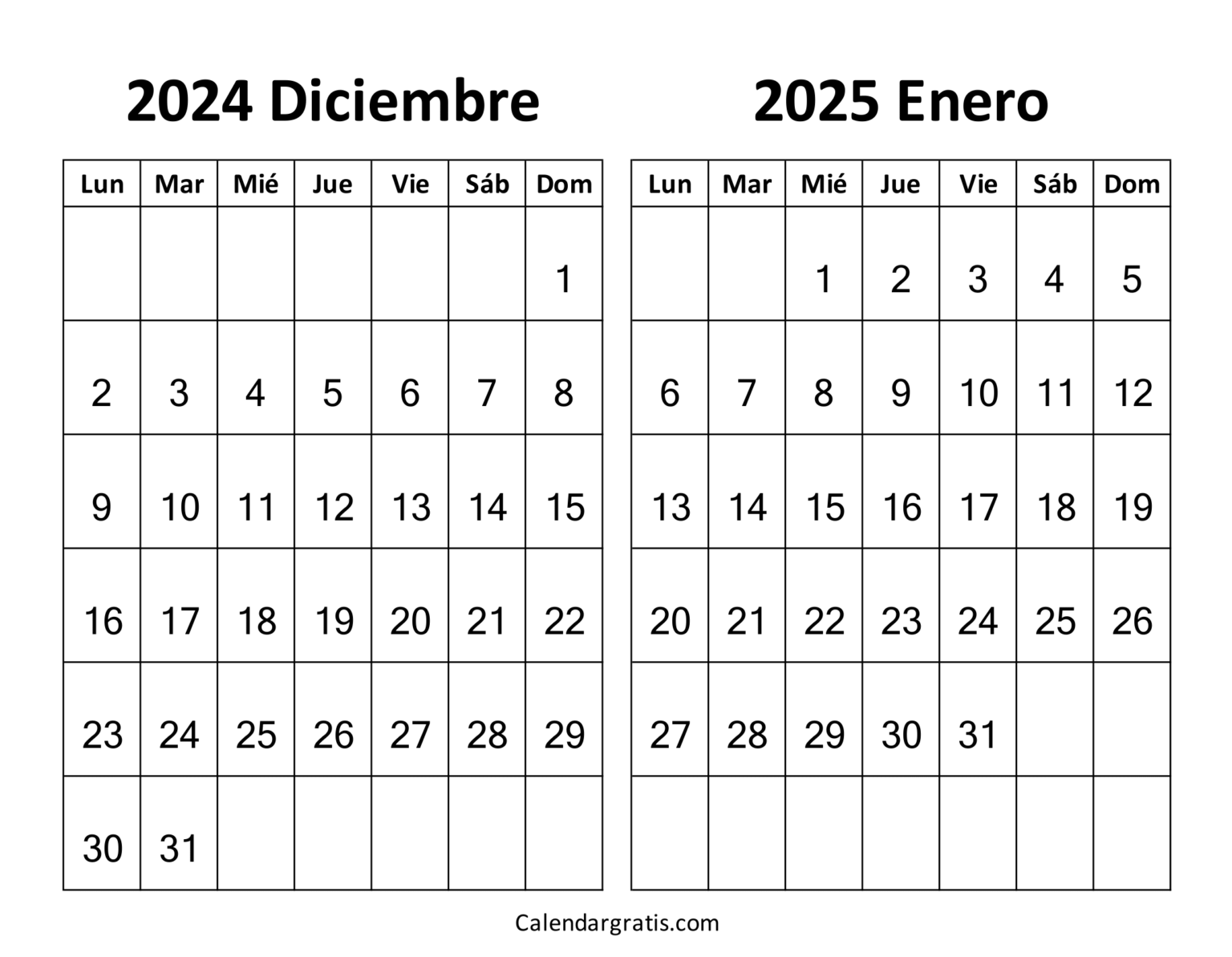 Diciembre enero 2025 calendario para imprimir - Excel, PDF y PNG