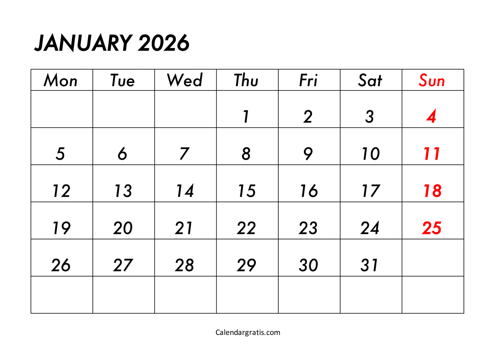Printable January 2026 Calendar Templates - Free Download