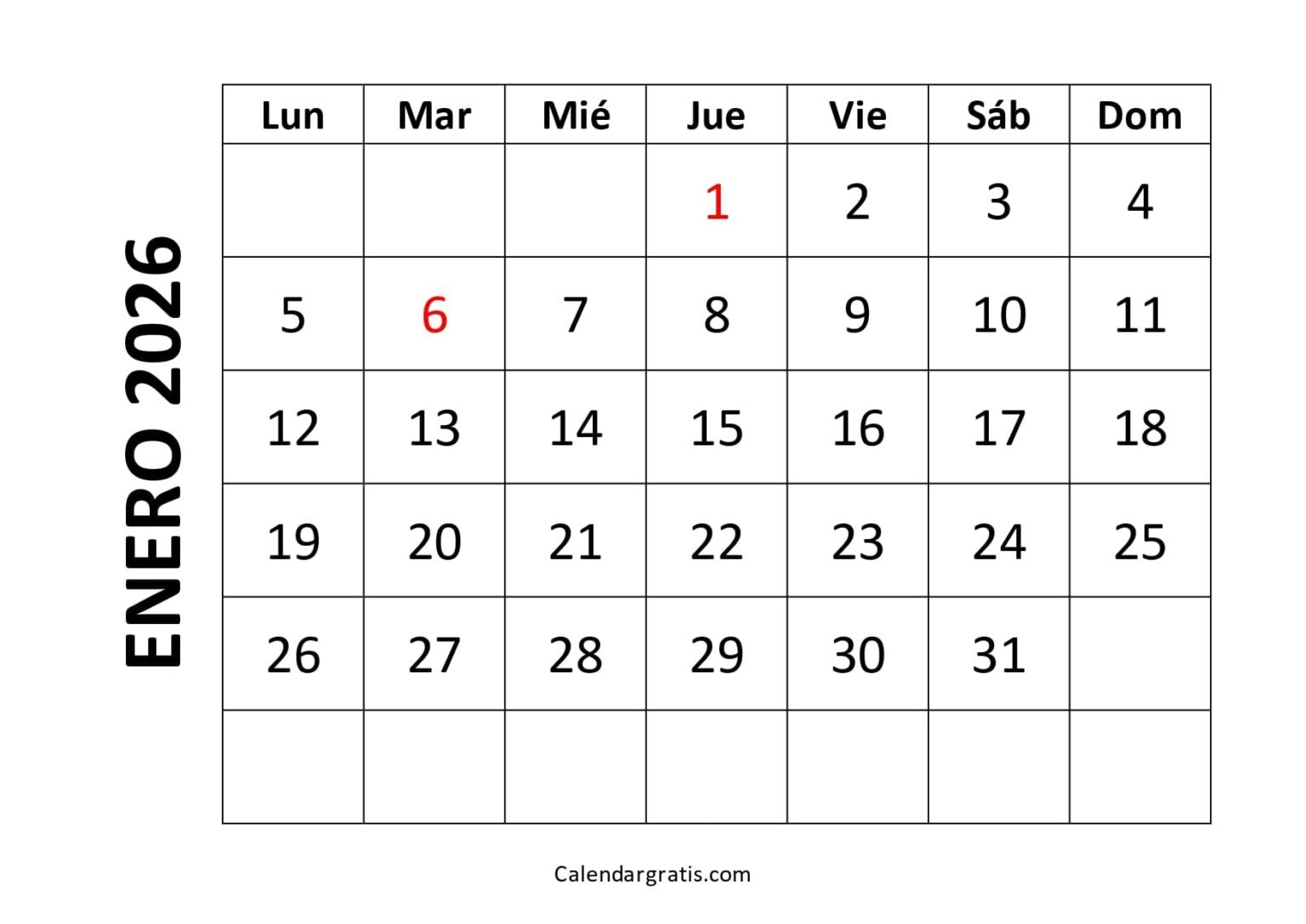 calendario enero 2026 para imprimir gratis