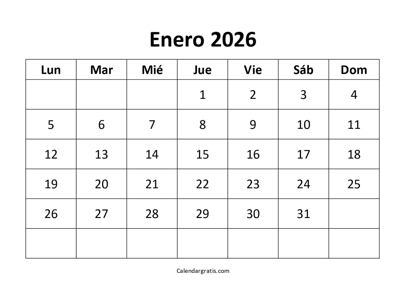 calendario enero 2026 para imprimir gratis