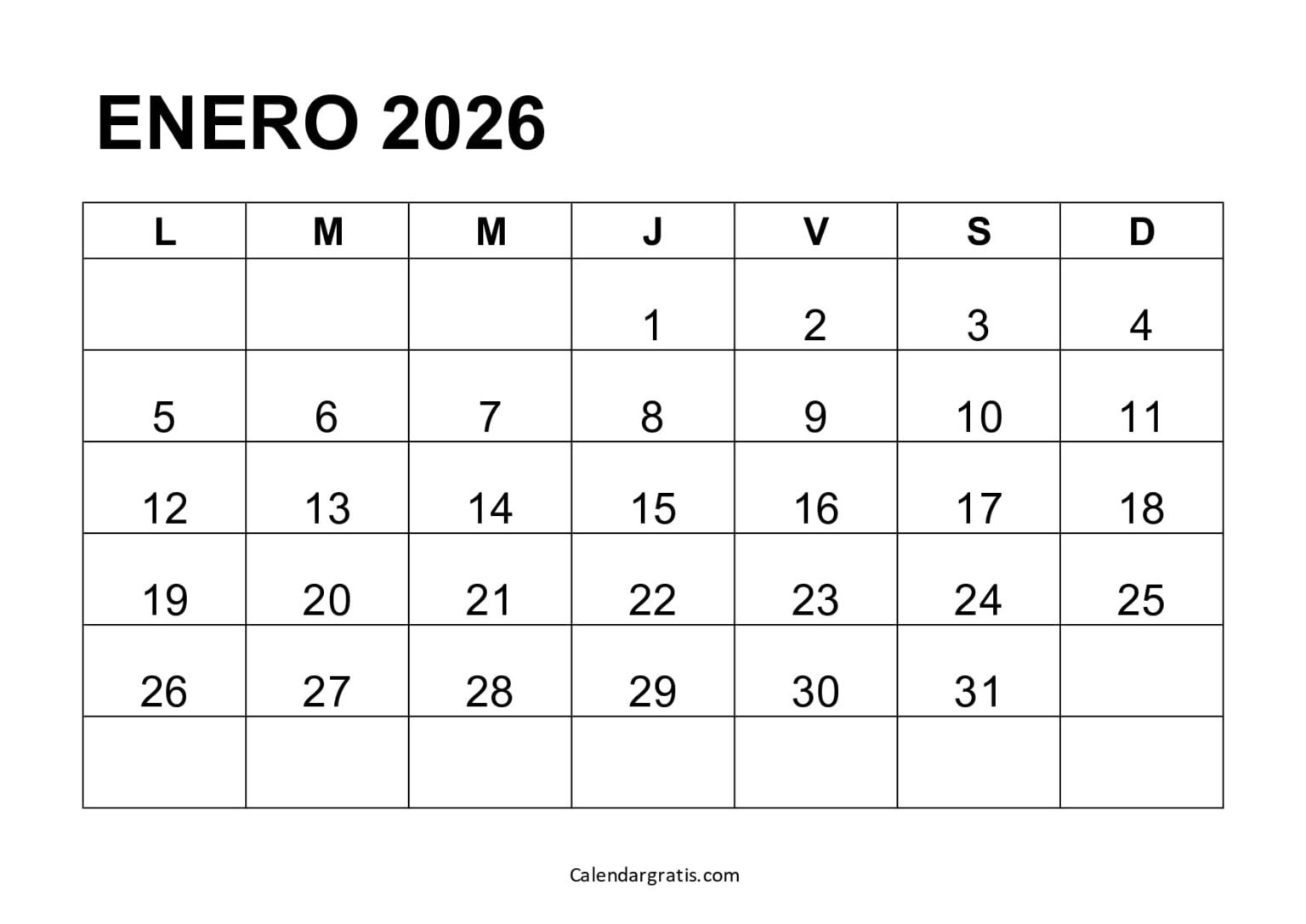 calendario enero 2026 para imprimir gratis