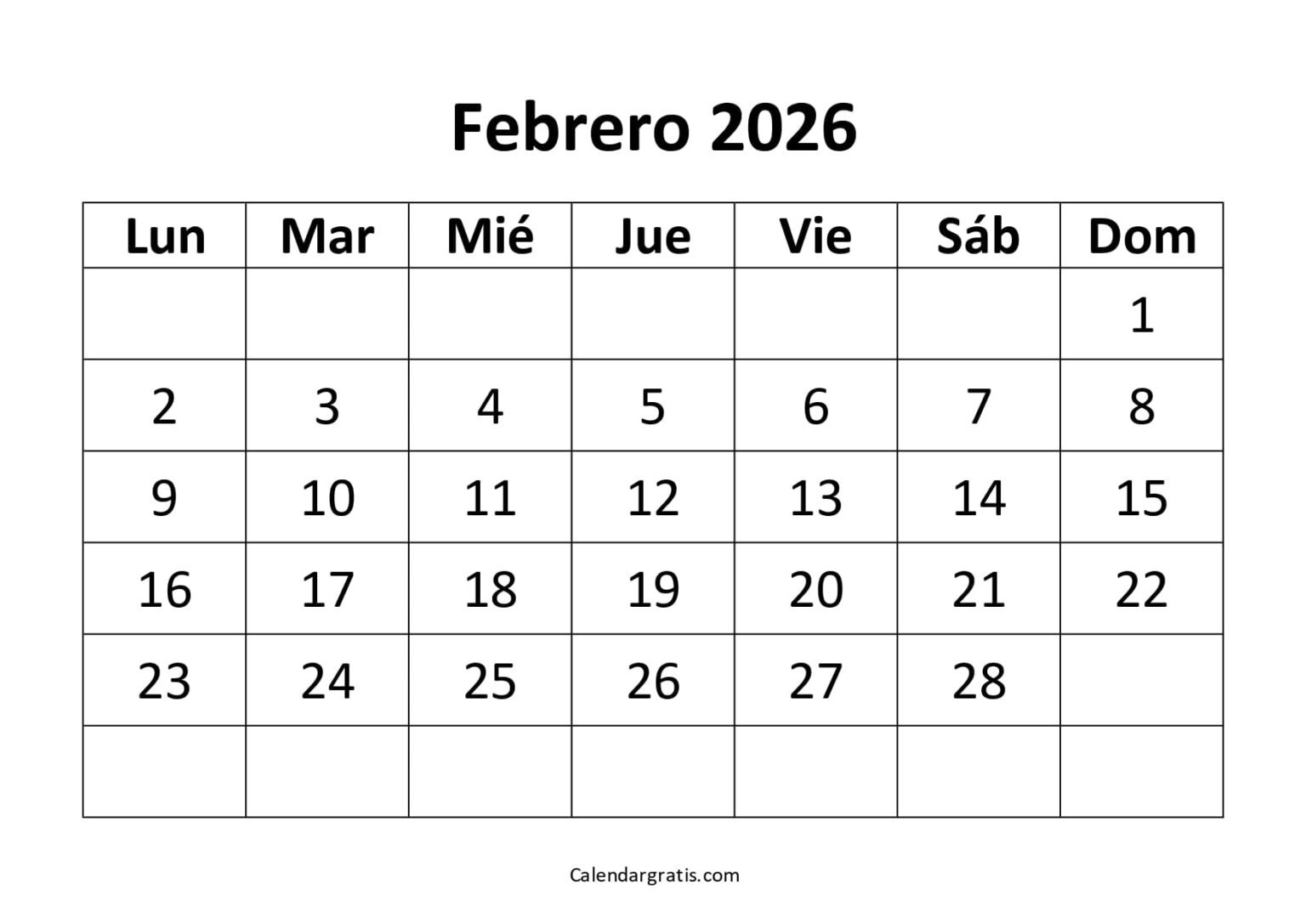 calendario febrero 2026 para imprimir gratis