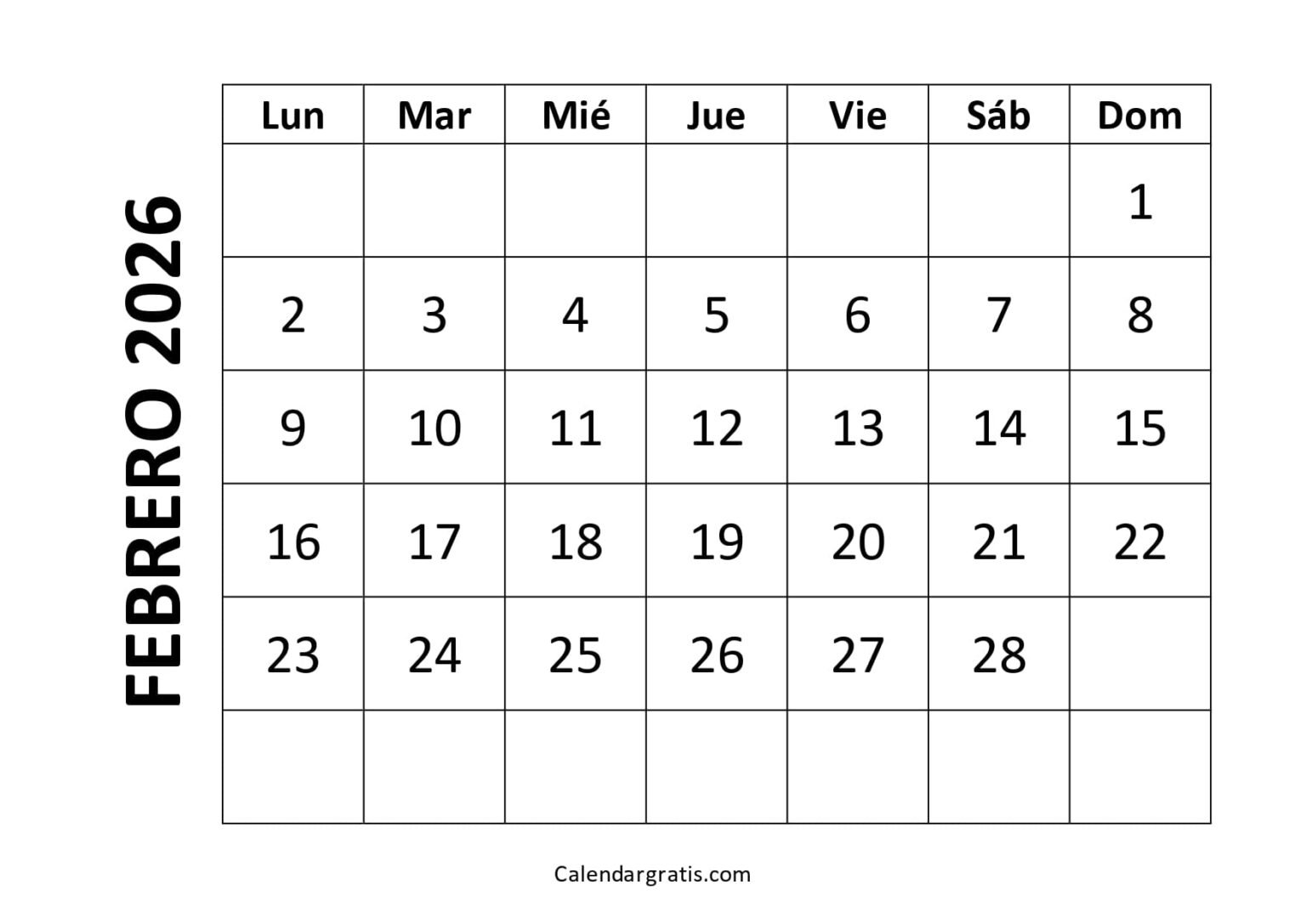 calendario febrero 2026 para imprimir gratis