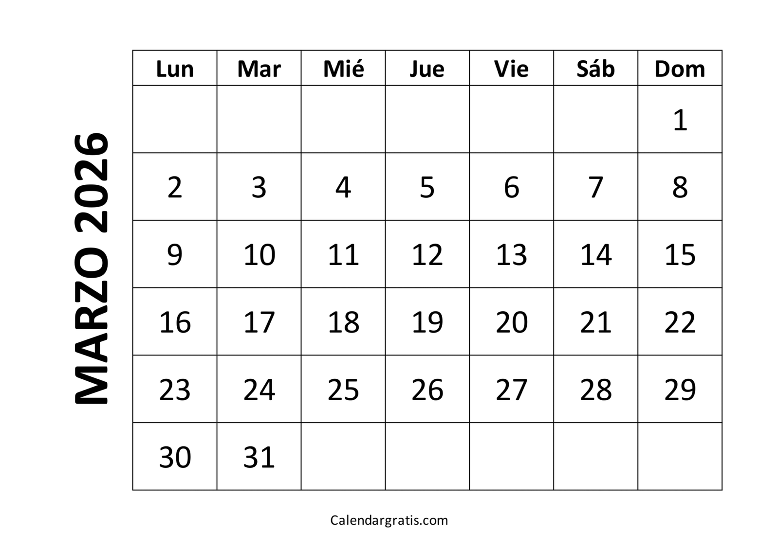 calendario marzo 2026 para imprimir gratis