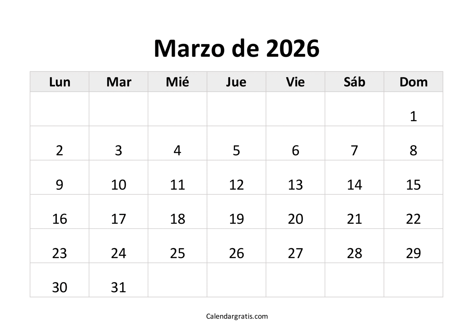 calendario marzo 2026 para imprimir gratis