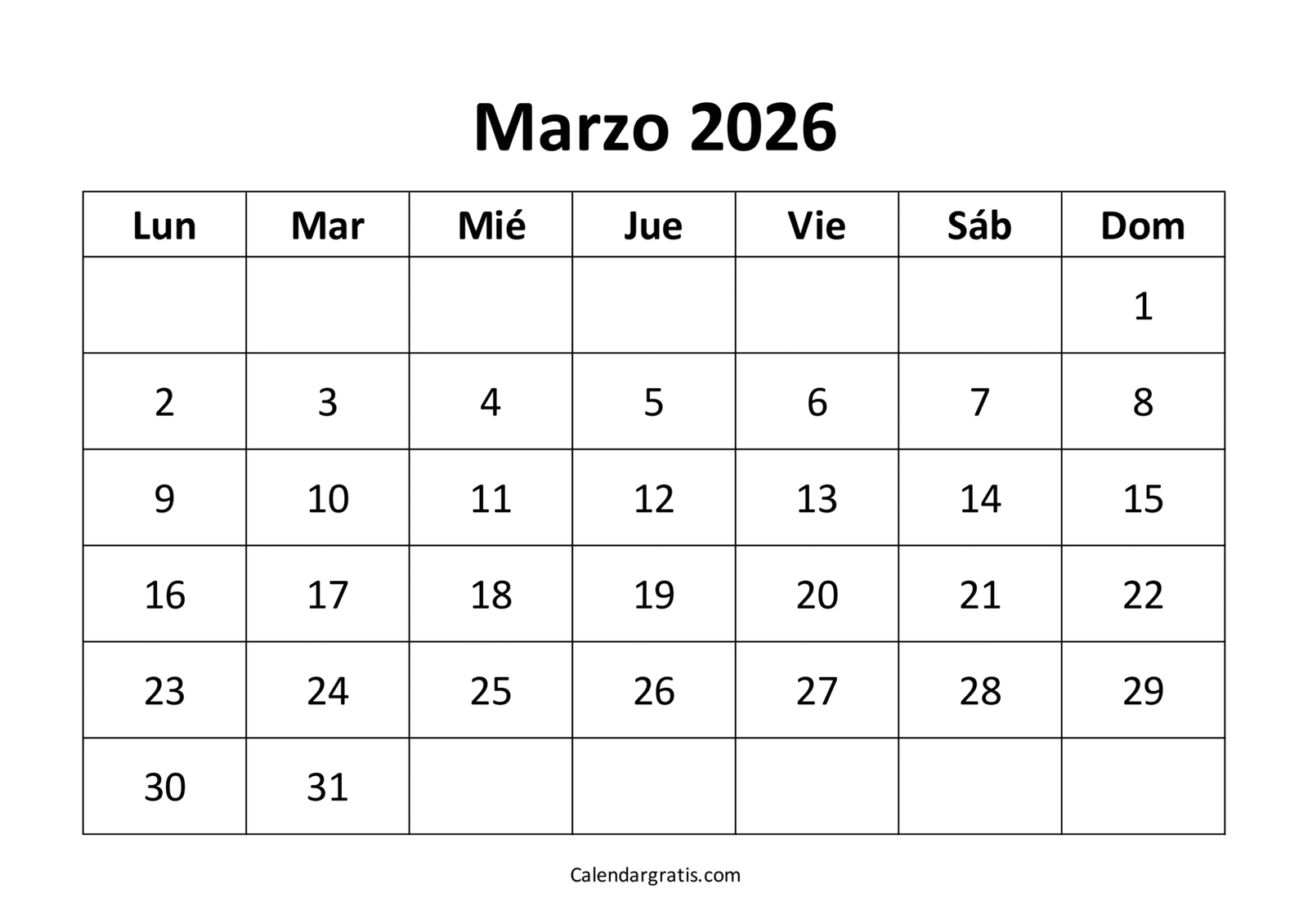 calendario marzo 2026 para imprimir gratis