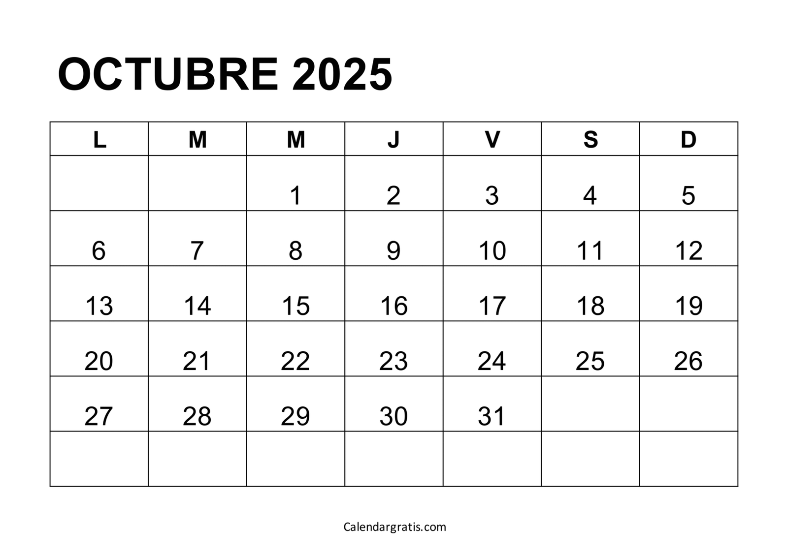 calendario octubre 2025 para imprimir gratis