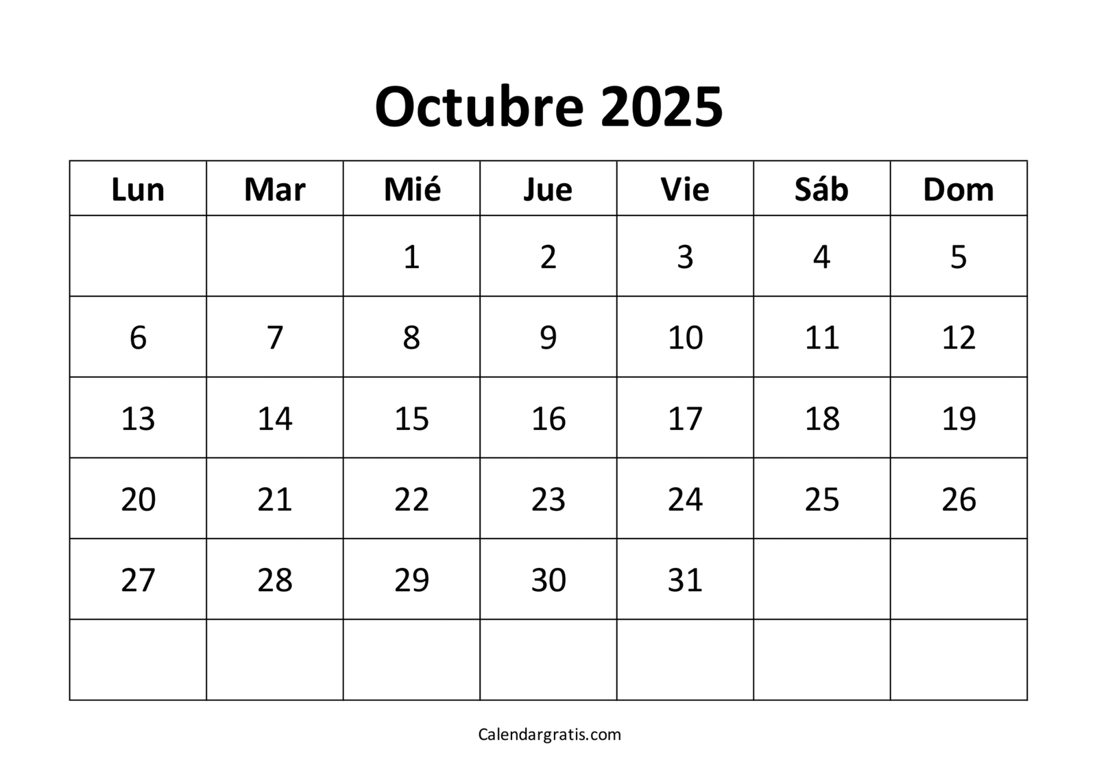 calendario octubre 2025 para imprimir gratis