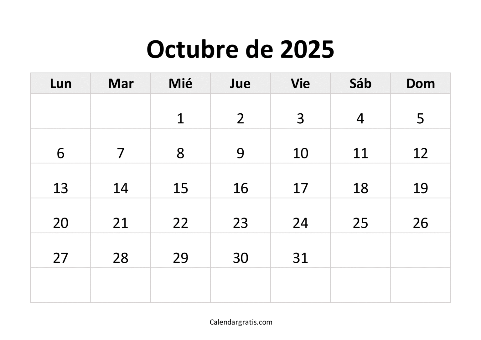 calendario octubre 2025 para imprimir gratis