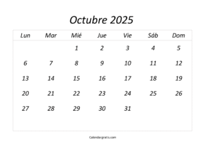 calendario octubre 2025 para imprimir gratis
