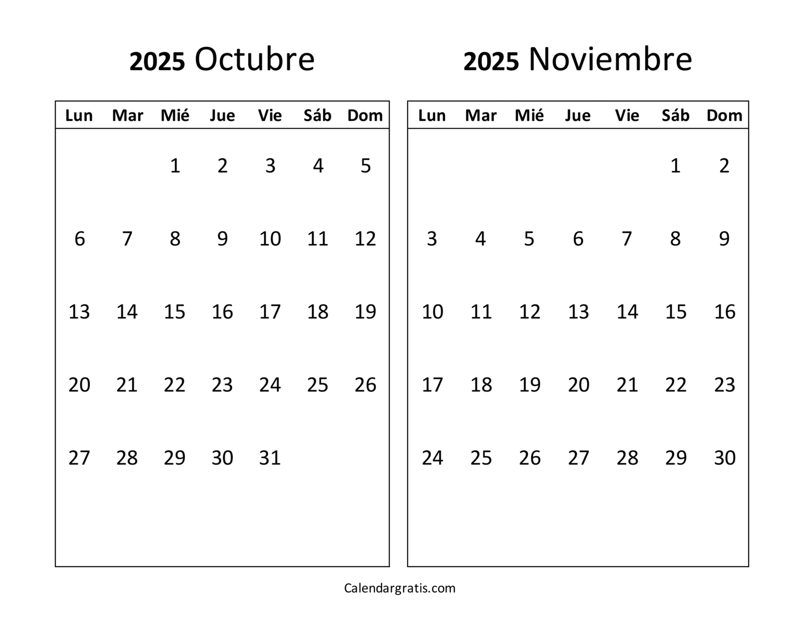 calendario octubre noviembre 2025 para imprimir gratis