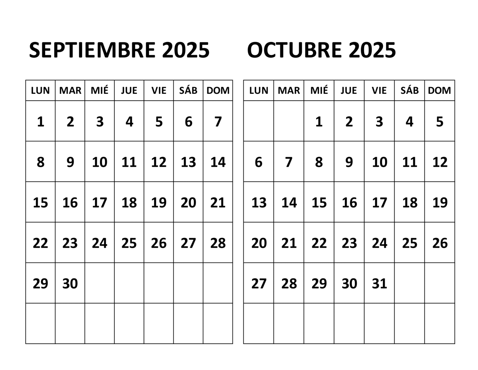 calendario septiembre octubre 2025 para imprimir gratis