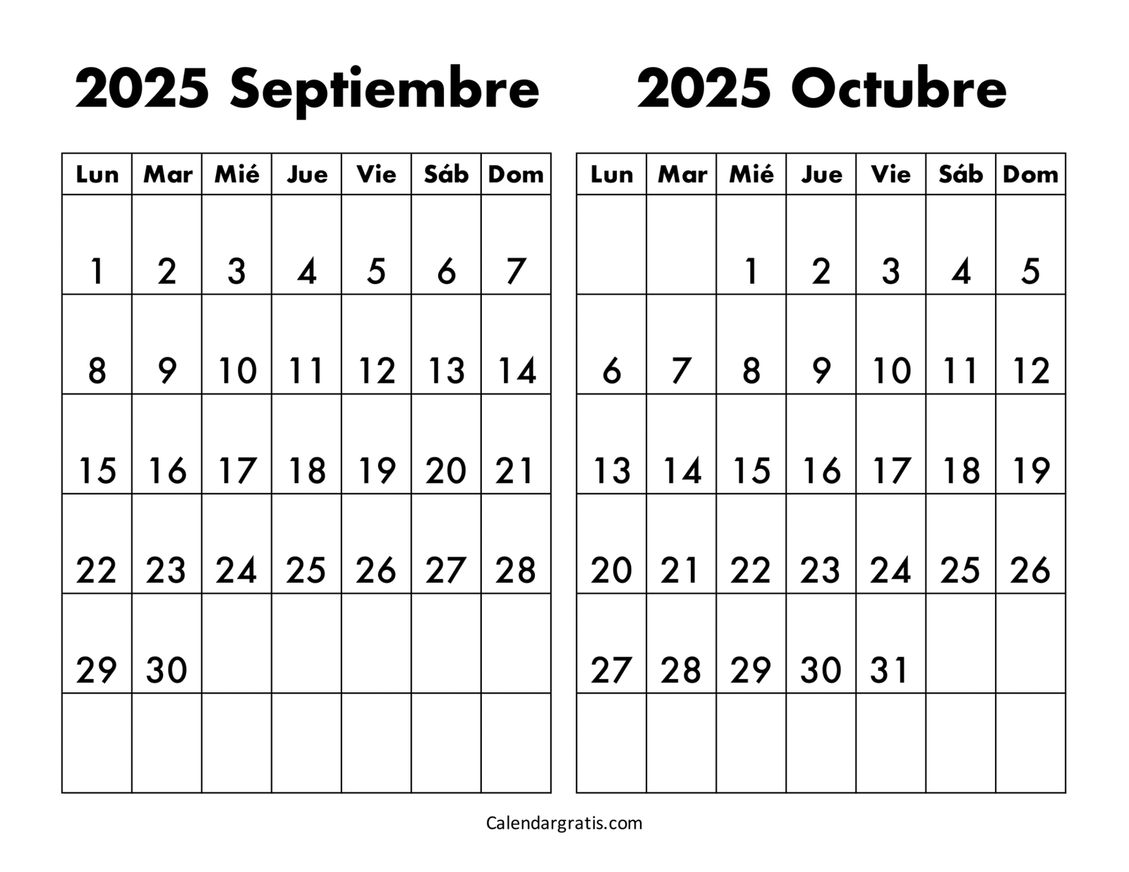 calendario septiembre octubre 2025 para imprimir gratis